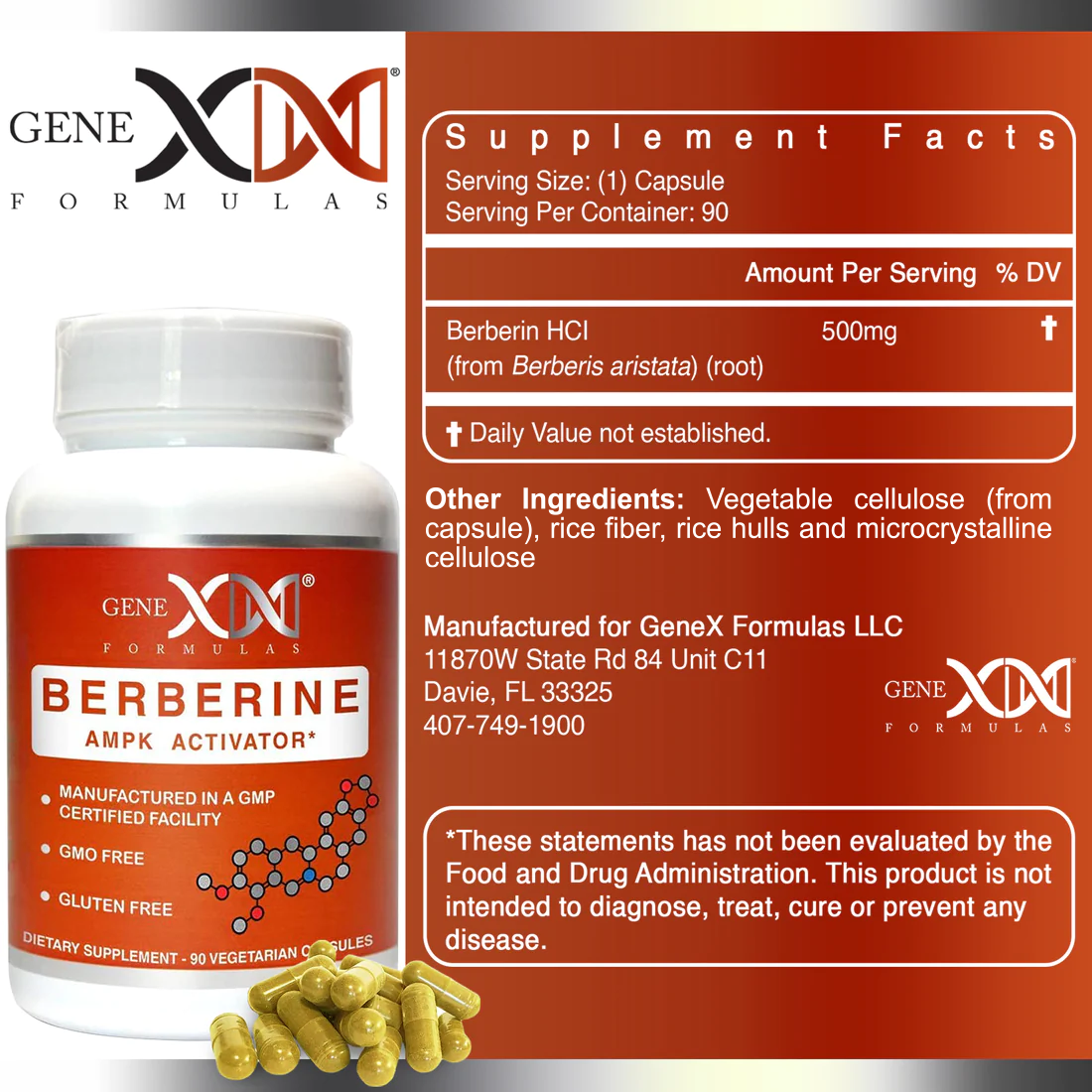 Genex Berberine HCl 500mg (90 Capsules) – Genex Formulas LLC