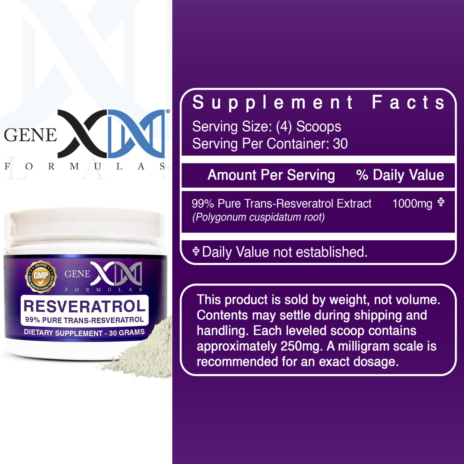 Genex 99% Pure Micronized Trans-Resveratrol Powder 1000mg (30 Gram Tub ...